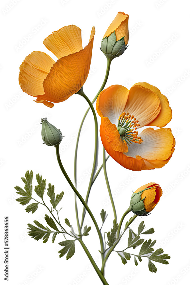 isolated orange California poppies, spring, illustration, transparent ...