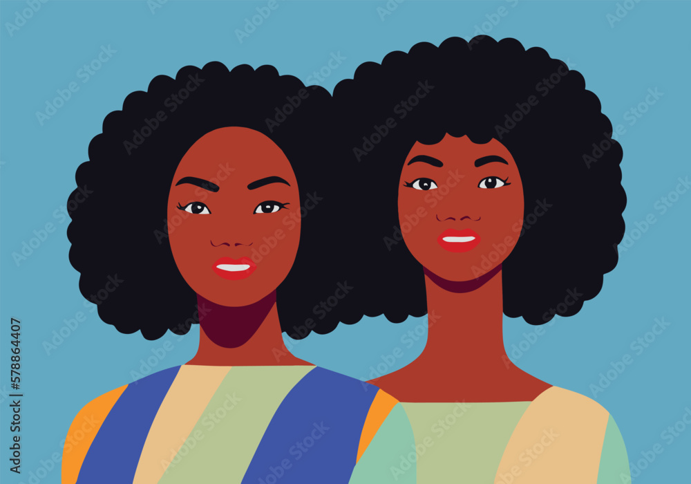 two black girls side by side, twins, afro hair, looking forward, big ...