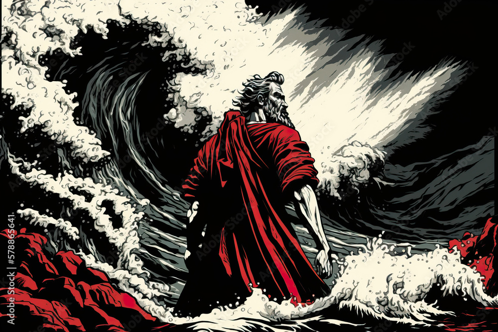 Dramatic high-contrast depiction of Moses parting the Red Sea ...