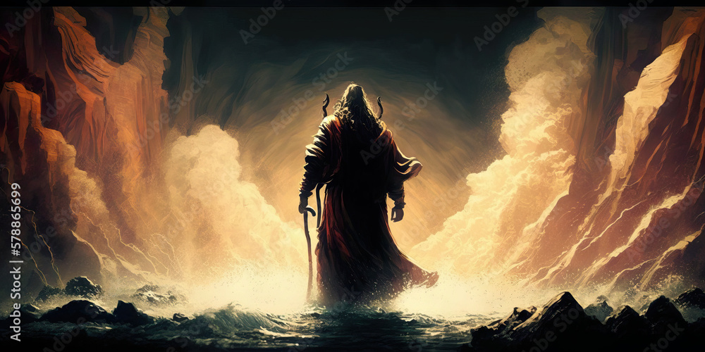 Dramatic depiction of Moses parting the Red Sea. Generative AI Stock ...