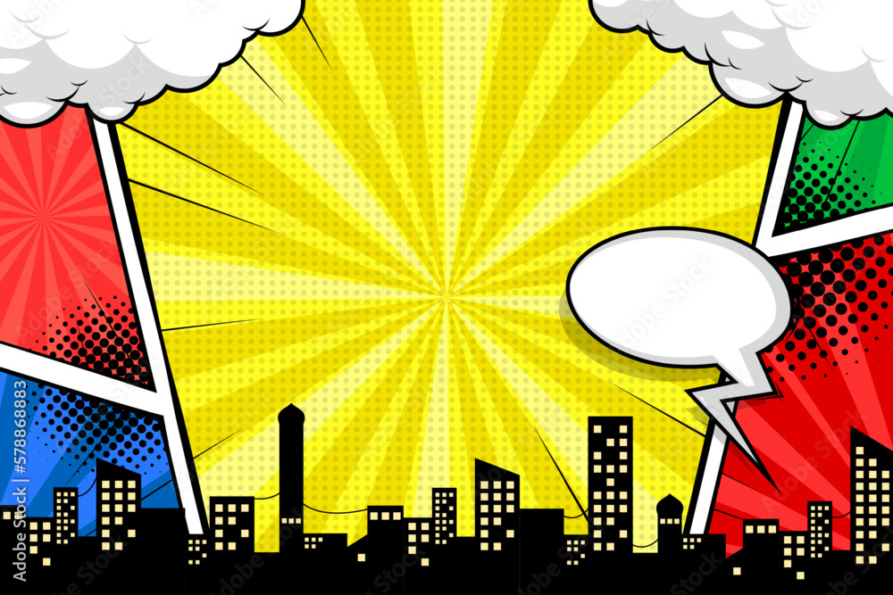 Colorful comic scene background with city silhouette Stock Vector ...