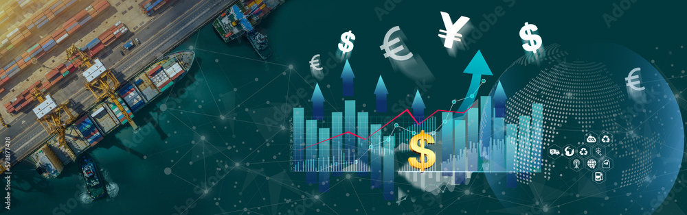 Aerial view and top view cargo plane flying above ship port in the ...