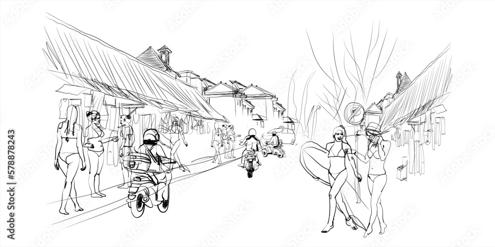 Hand drawn black and white sketch illustration of a souvenir shop in ...