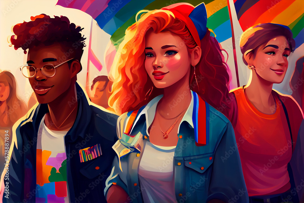 Group of young lgbtq rights activists with rainbow pride flags at a ...