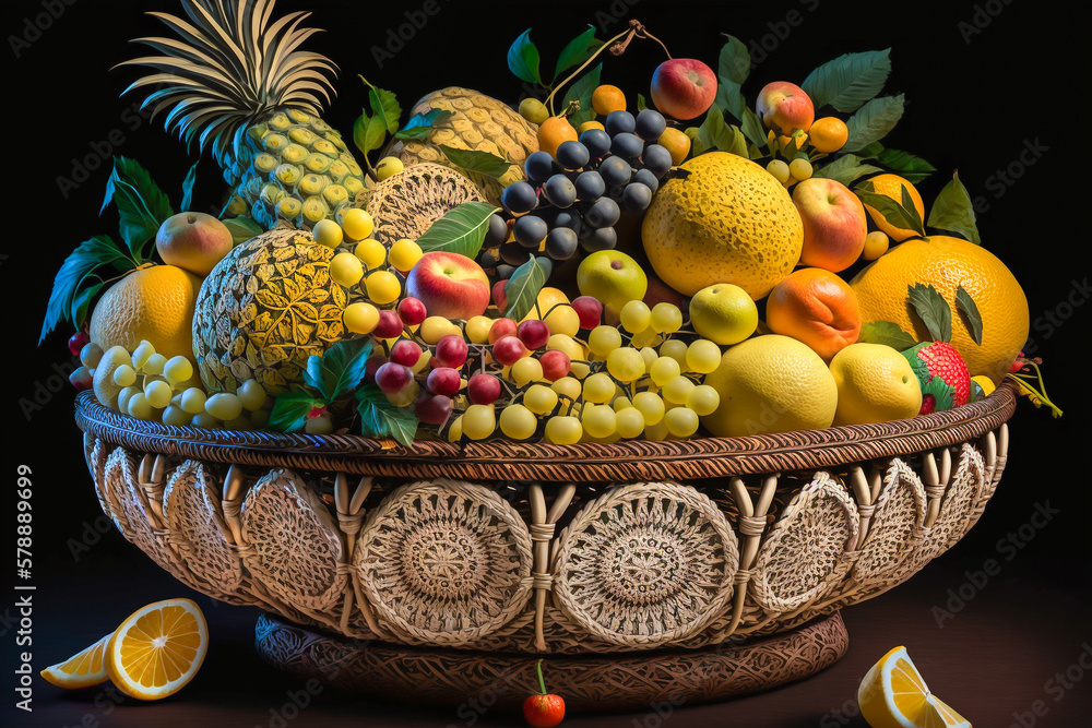 Realistic illustration of fruits in the basket. Detailed, matte texture ...