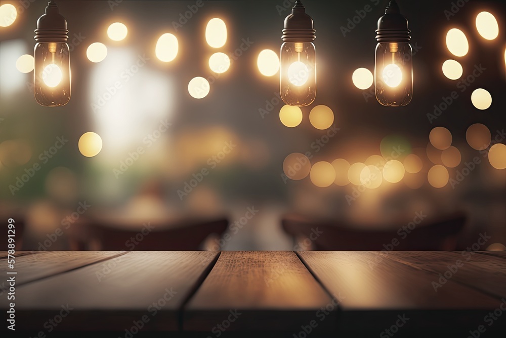 Bokeh effect dinner lights on a wooden table at a restaurant. Banner ...