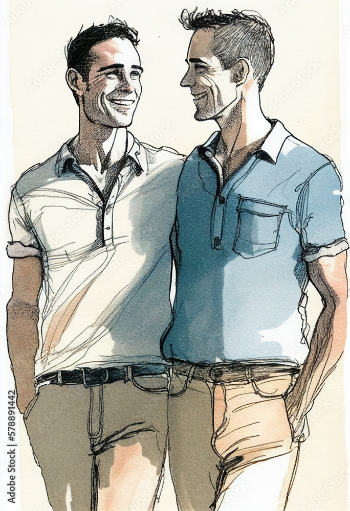 sketch of happy smiling gay couple holding hands, pride & proud, lgbt ...