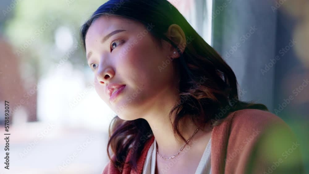 Window, thinking and Asian woman with stress, depression and worried ...