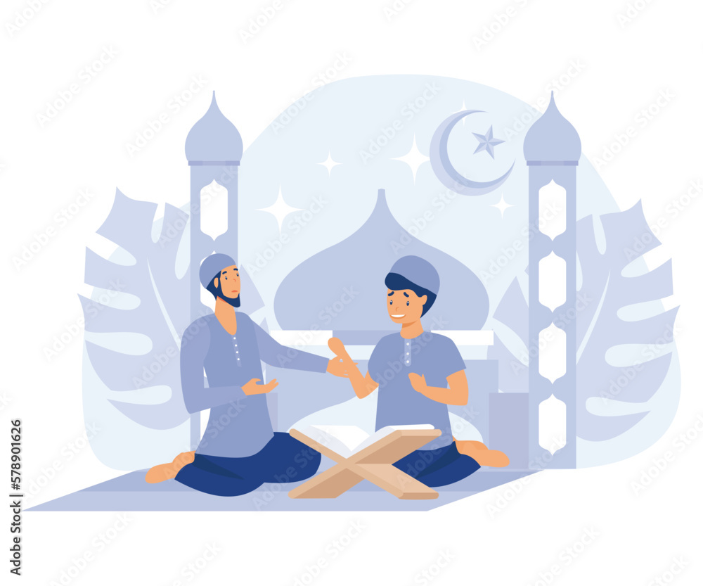 Muslim Father and Son Studying Quran, with mosque background, flat ...