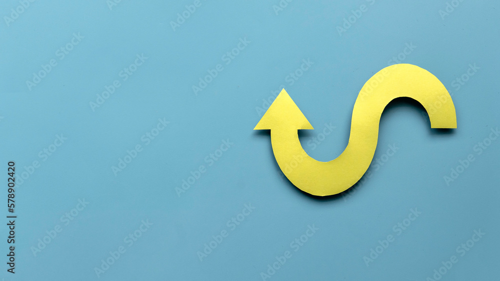 Yellow arrow pathway sign. Future life with direction or obsctacle ...