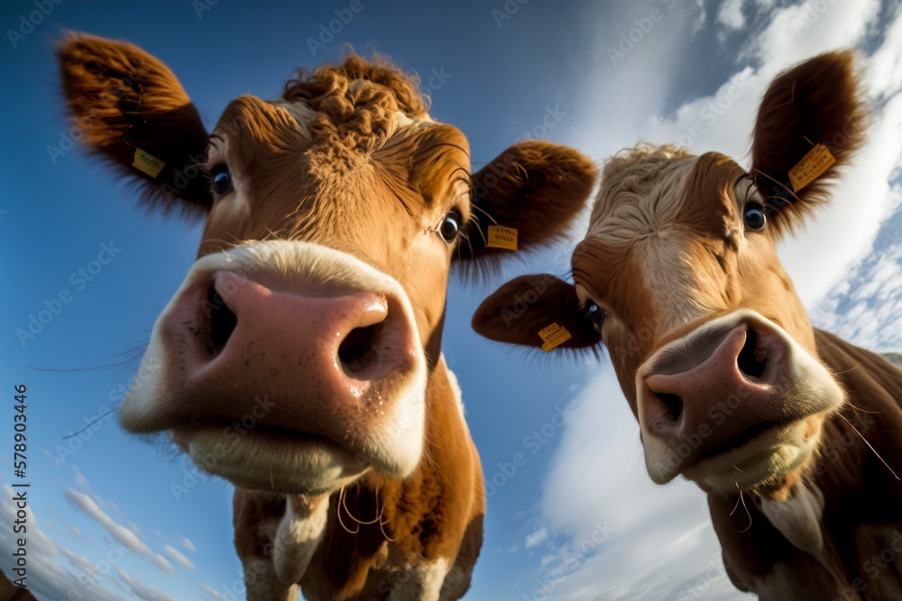 "Cow's Eye View: An Up-Close Cow Encounter" Generative AI. Two cows ...