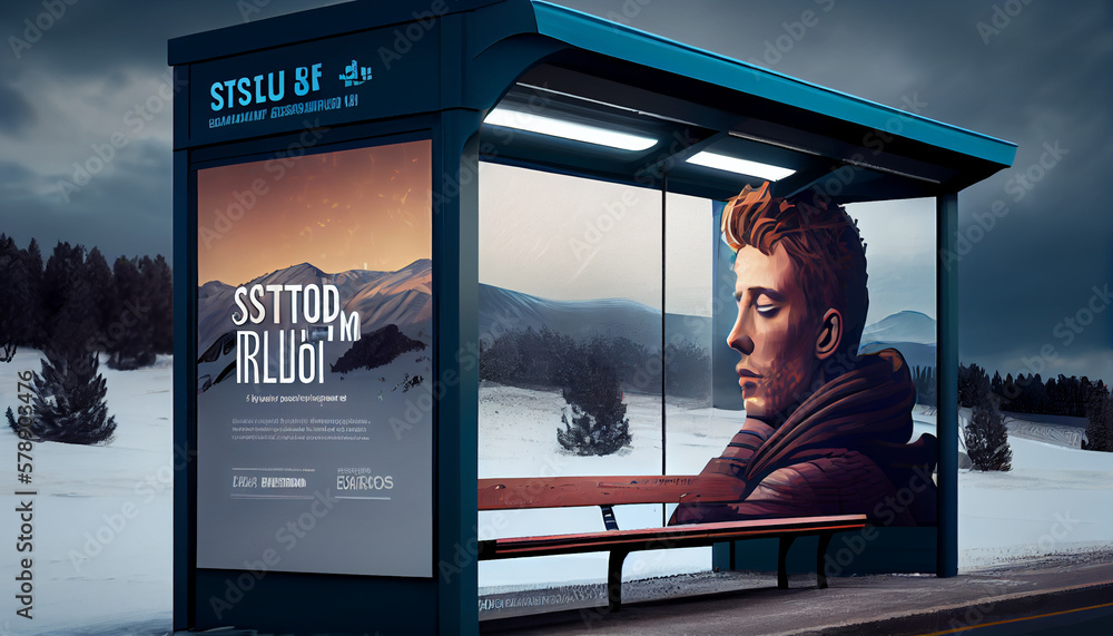 empty bus stop on an autumn day. A glass bus stop with a bench against ...