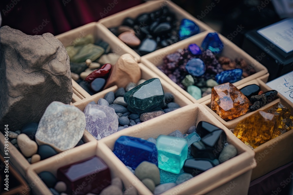 Packaged, genuine gemstones for sale at a market stall. Minerals used ...