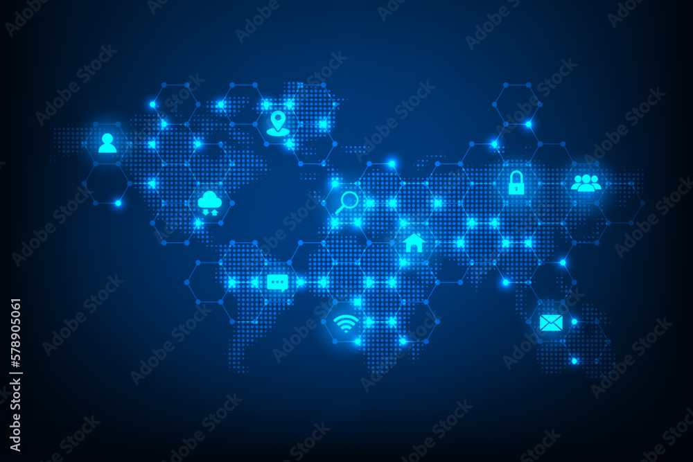 Vector world map and icon social media network connection concept ...