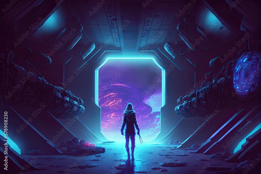 Cyberpunk sci fi blue and purple illuminating background with a neon ...