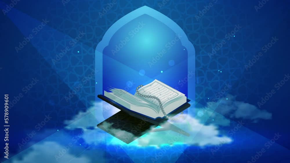 Animated quran and glowing stars on a blue background with cloud. Animated Islamic backgrounds ...