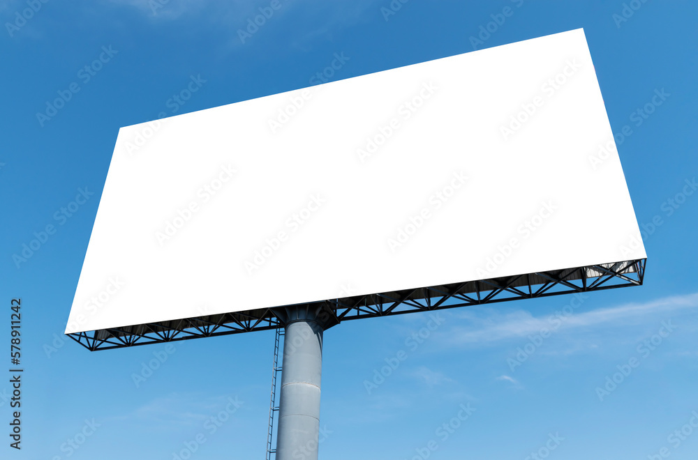 Outdoor pole billboard on blue sky background with mock up white screen ...