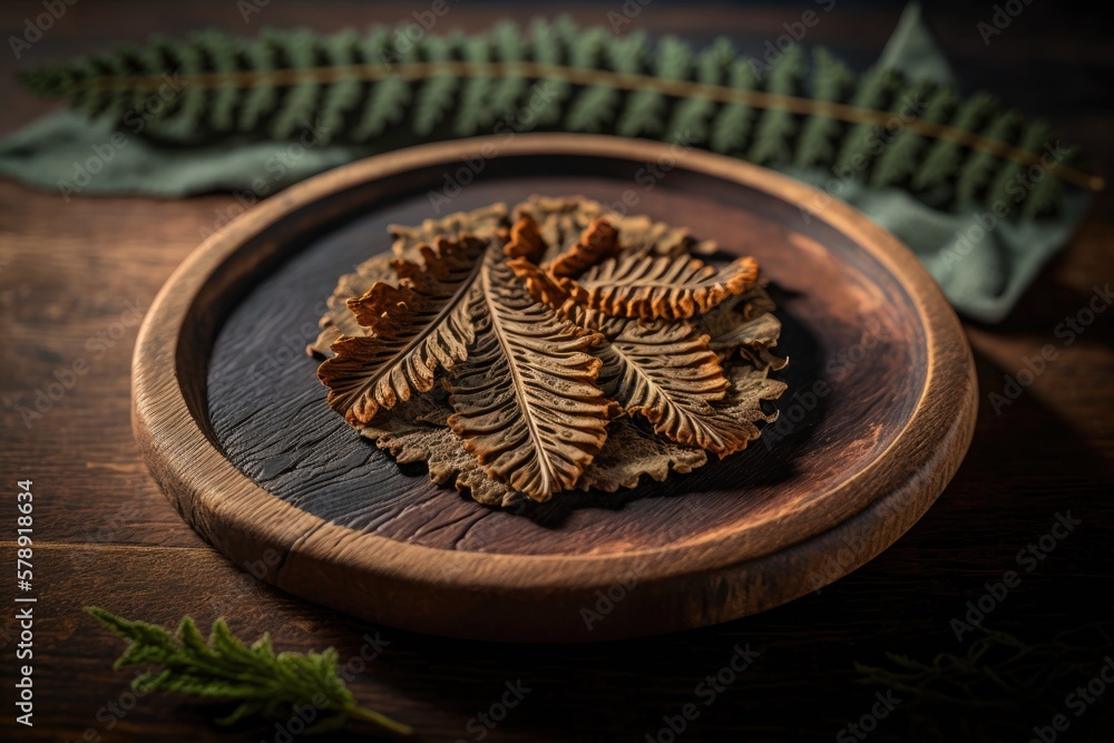 Dried fernbrake, also known as bracken, in Korea Gosari on a wooden ...