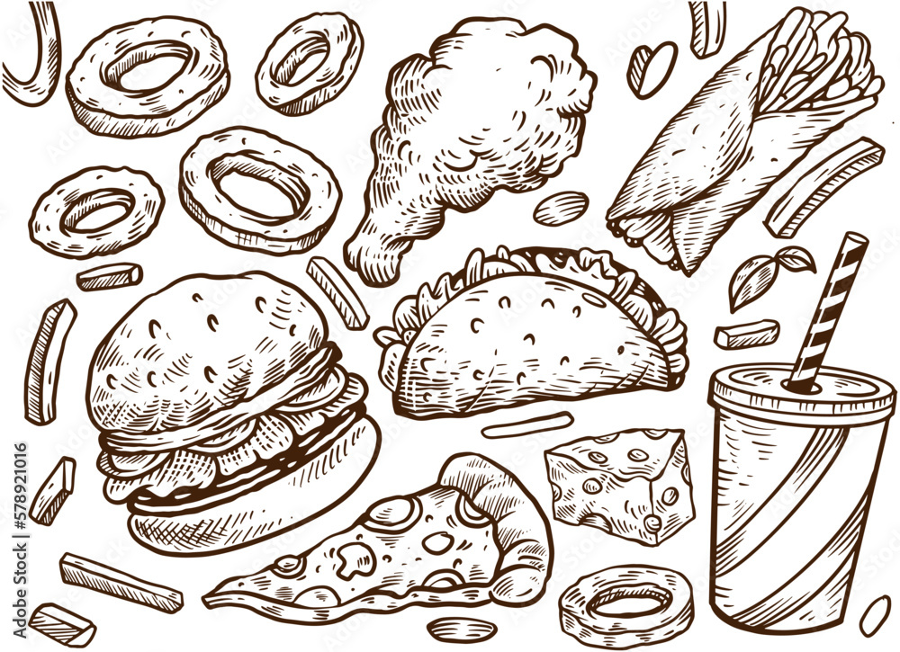Set of drawings Fast Food. Burger, Fried Chicken, Burrito and pizza ...