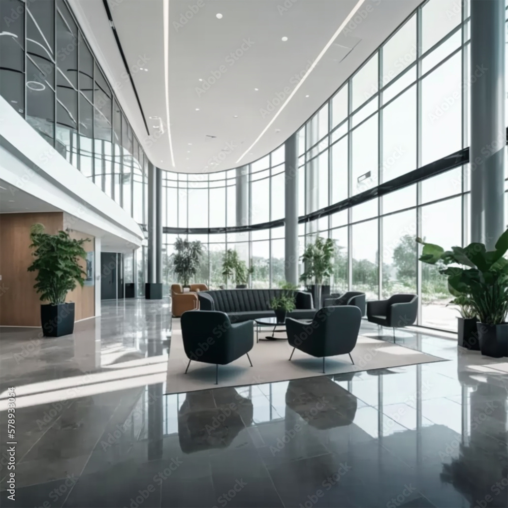 a beautiful office building lobby with sleek modern design and large ...