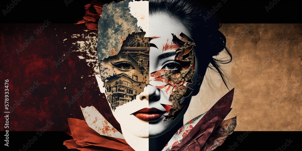 Woman wearing Venetian masquerade mask, different side of dissociative ...