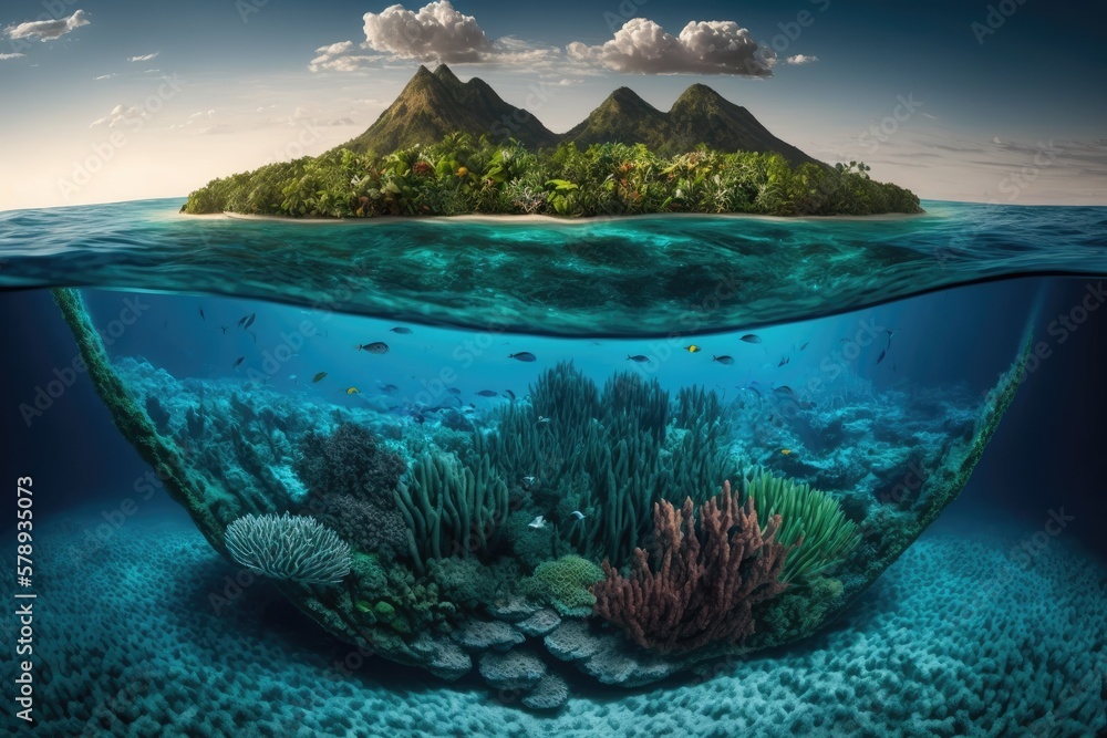Ocean floor and surface with tropical island and coral reefs below ...