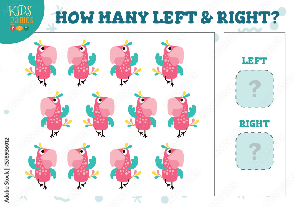 How many left and right cartoon parrots kids counting game vector ...