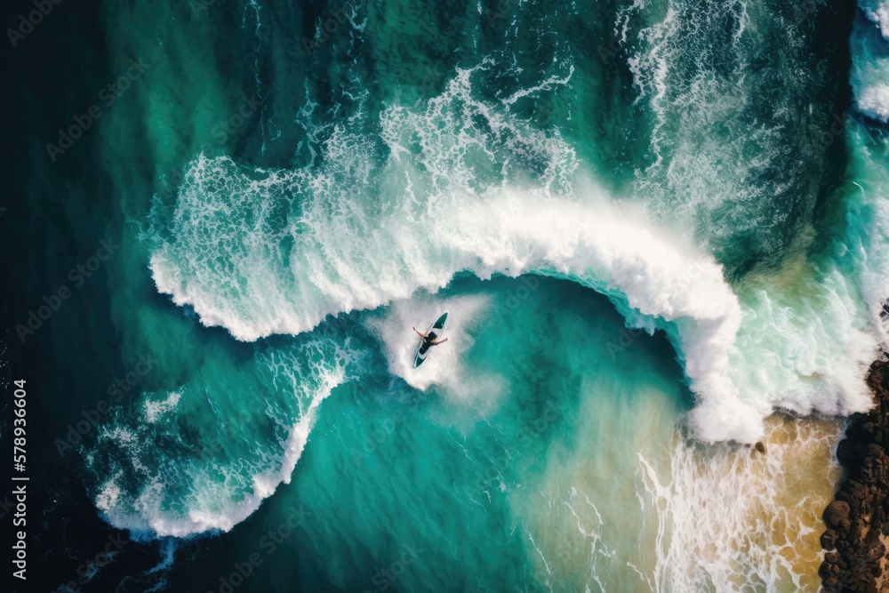 Top down aerial photo from a hovering drone showing a surfer in the air ...