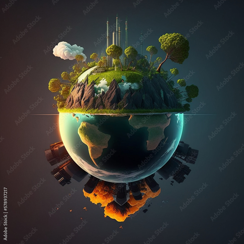 Global warming illustration with nature and industry destroying the ...