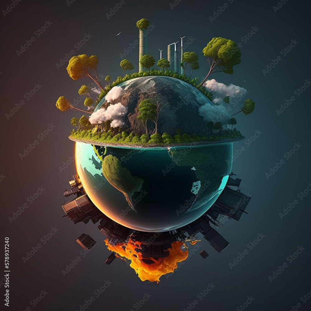 Global warming illustration with nature and industry destroying the ...