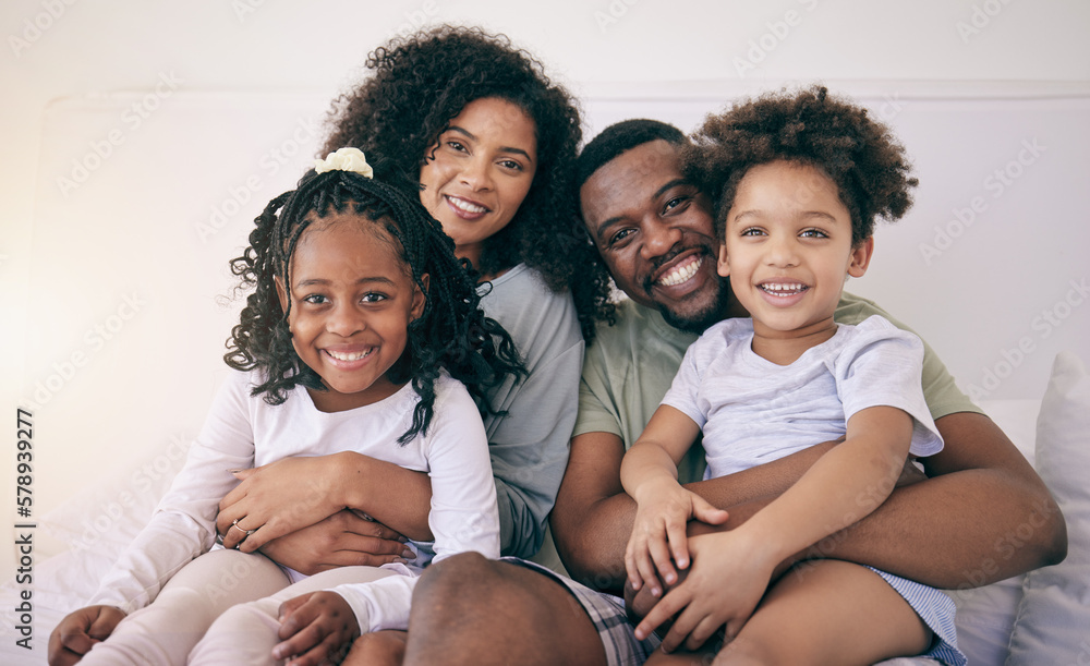 Black family, happiness and portrait of a mother, father and girl ...