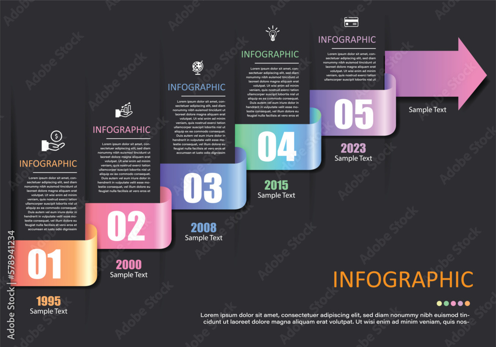 5 step infographic vector, ribbon shape as timeline or step end with ...