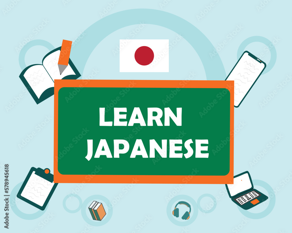 learn Japanese text with learning symbols and Japan flag sign design ...