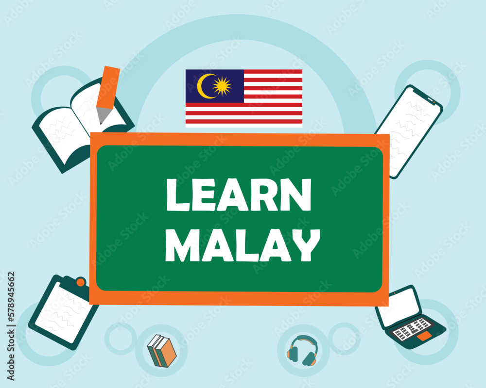 learn Malay text with learning symbols and Malaysia flag sign design ...
