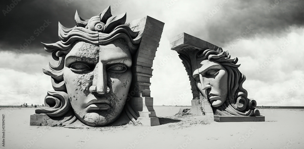Ancient eroded marble deity heads, monolithic ruined monument, Greek ...