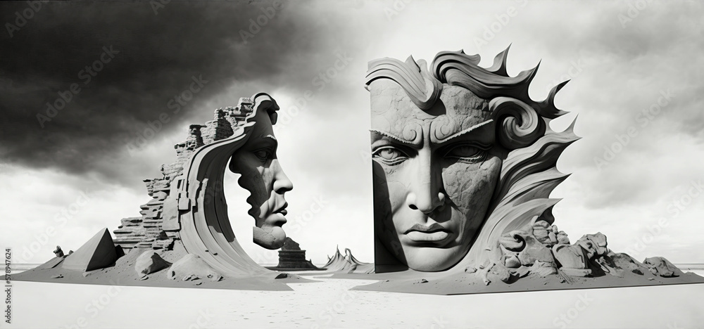 Ancient eroded marble deity heads, monolithic ruined monument, Greek ...