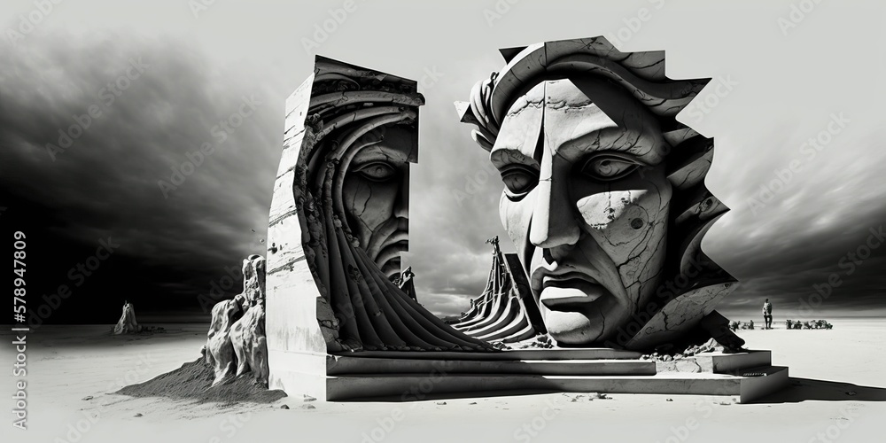 Ancient eroded marble deity heads, monolithic ruined monument, Greek ...