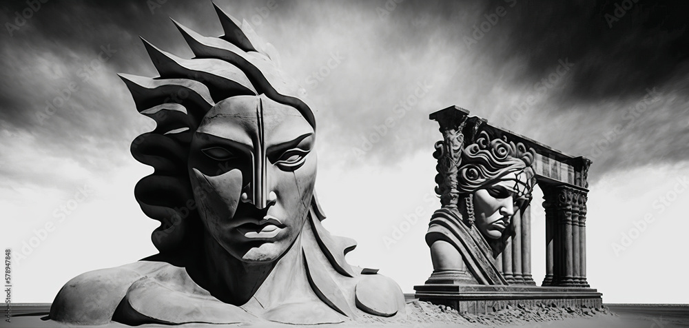 Ancient eroded marble deity heads, monolithic ruined monument, Greek ...