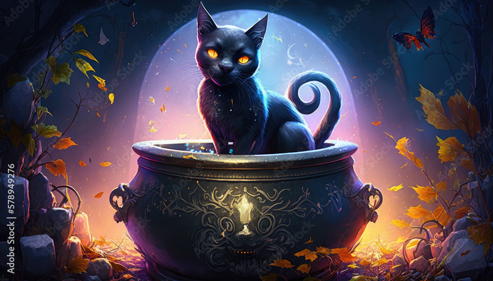 black cat with a cauldron in the cemetery. Created with Generative AI ...