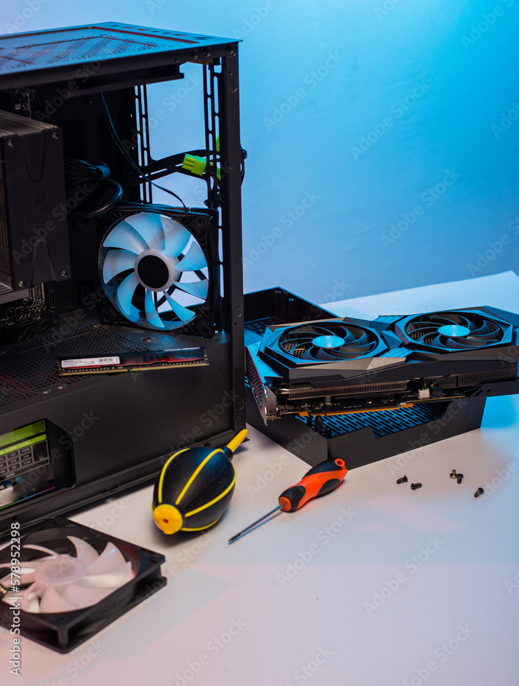 Building of PC, ATX motherboard and computer power supply unit inserted ...