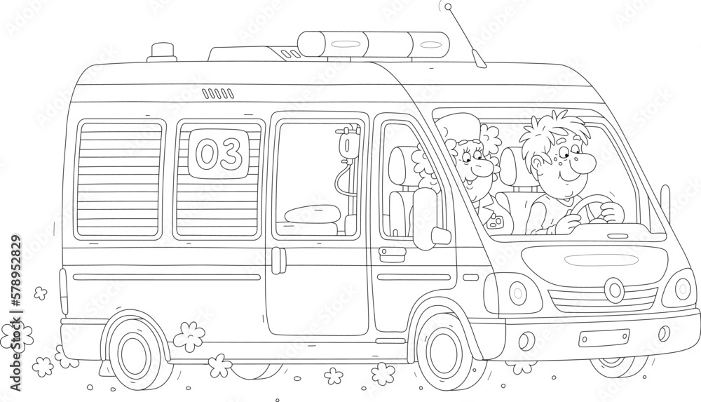 Ambulance car with a doctor and a driver hurrying to rescue, black and ...