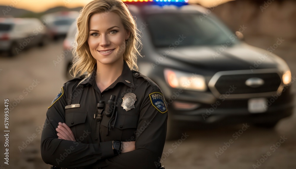 a beautiful smiling young police beside of a blurry traffic light and ...