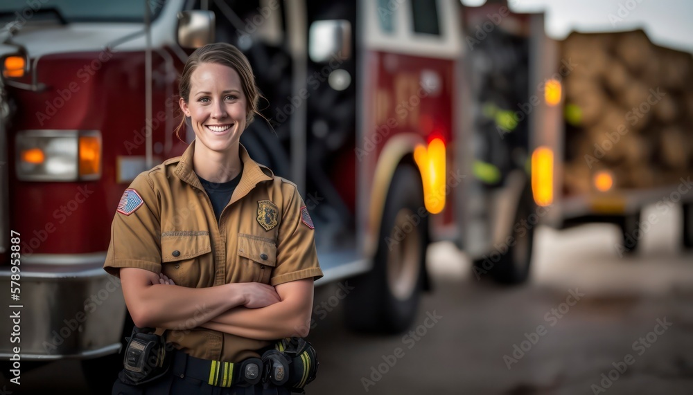 A beautiful smiling young female firefighter beside of a blurry fire ...
