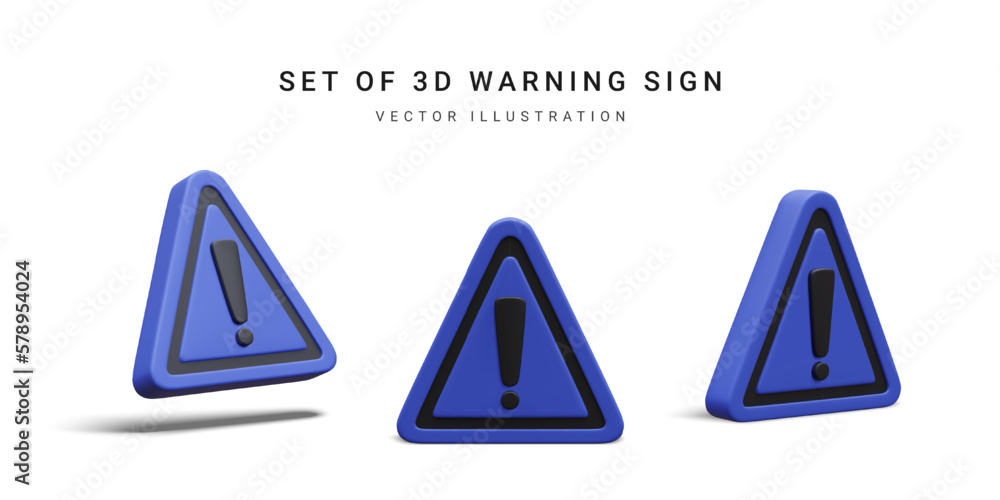 Set of 3d realistic triangle warning sign with exclamation mark ...
