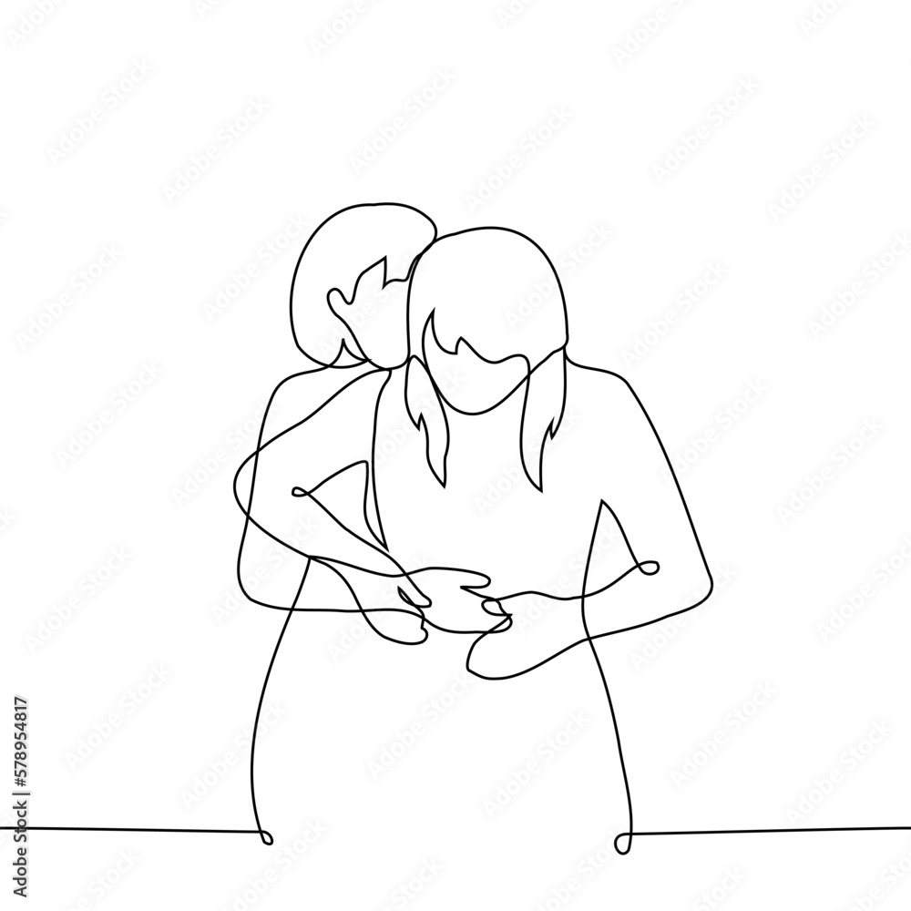 woman hugs a woman from behind kissing her on the head, a woman takes ...