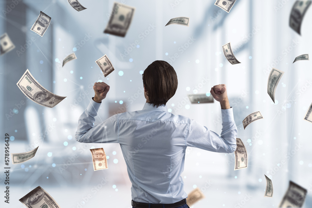 Winner, power, business success and money concept with joyful man back ...