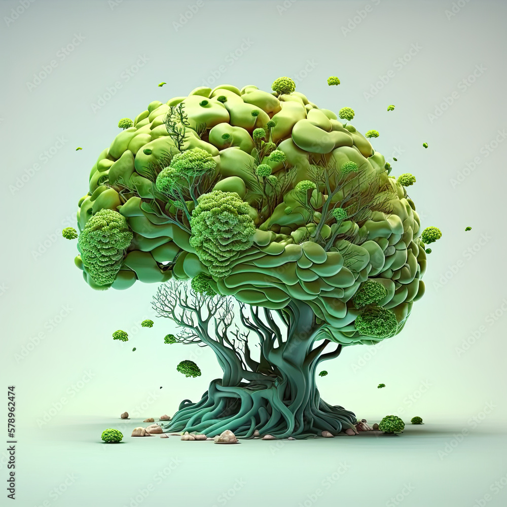 Human brain made of broccoli. Digital art. Healthy nutrition concept ...
