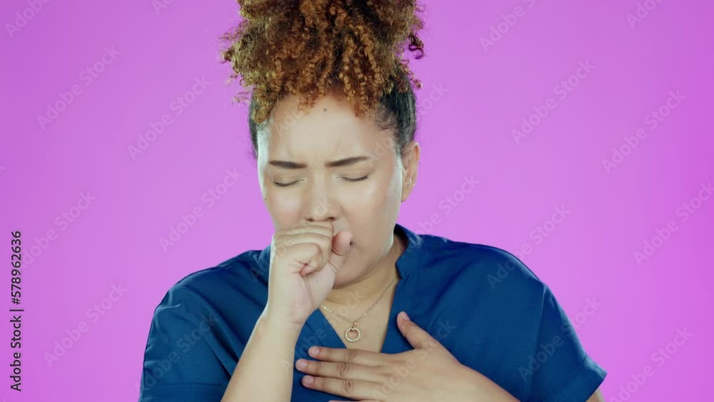 Sick, black woman and cough with pain, health and lady against a studio ...