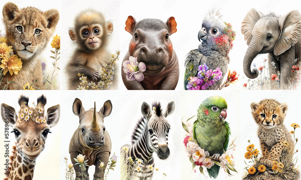 Collection of cute wild african baby animals isolated on white ...