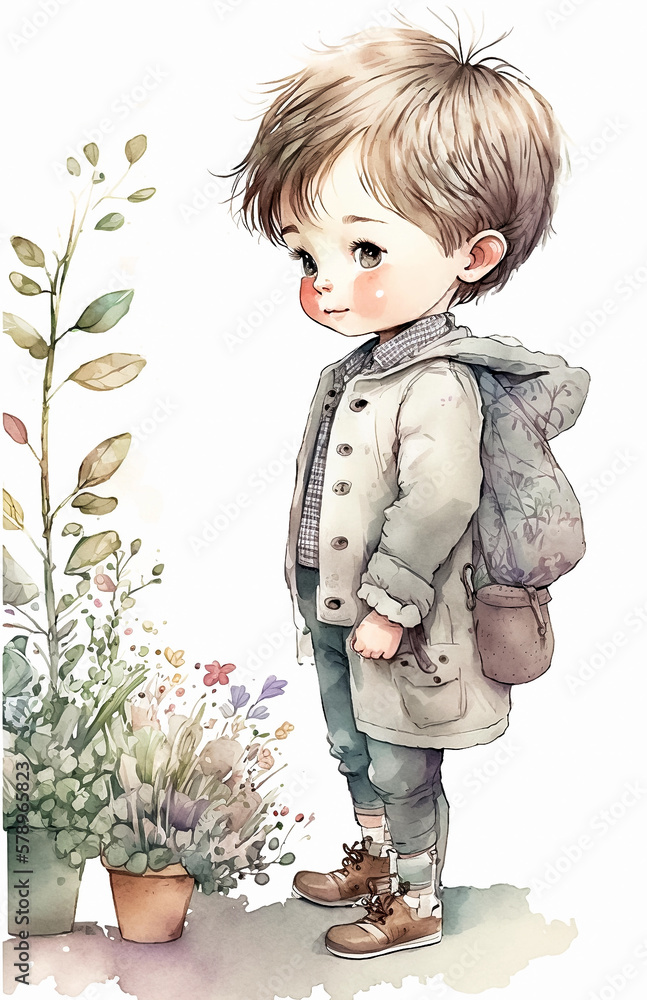 Cute little boy in autumn clothes and with a backpack. Watercolor ...